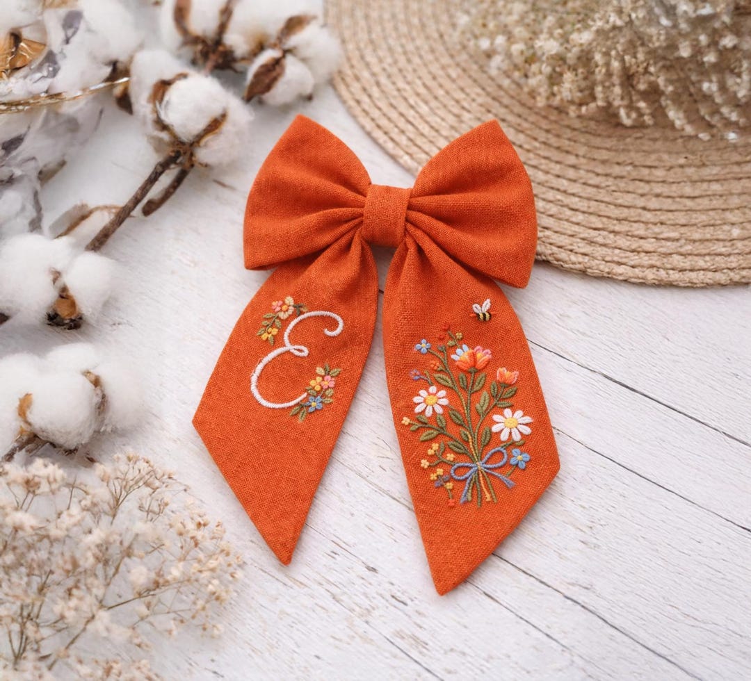 Personalized Linen Hair Bow – Hand Embroidered Flower Bow With Initial ...