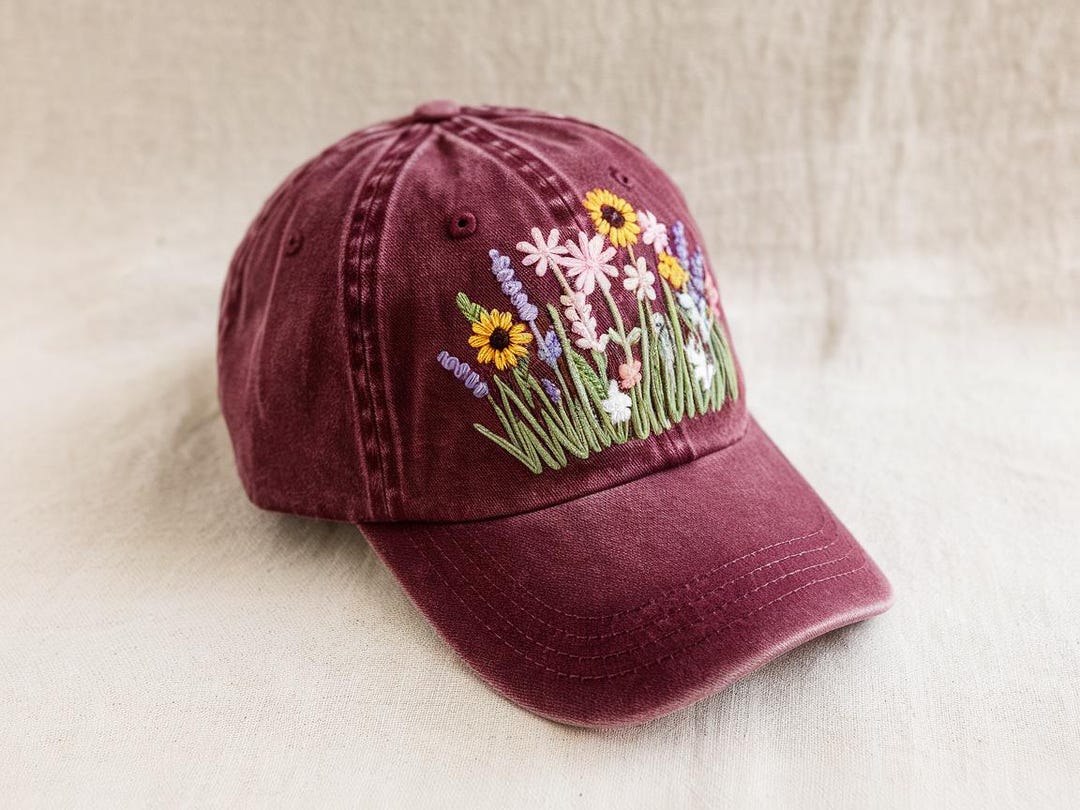 Embroidered Flower Hat – Vintage Washed Baseball Cap, Floral Cotton Hat ...