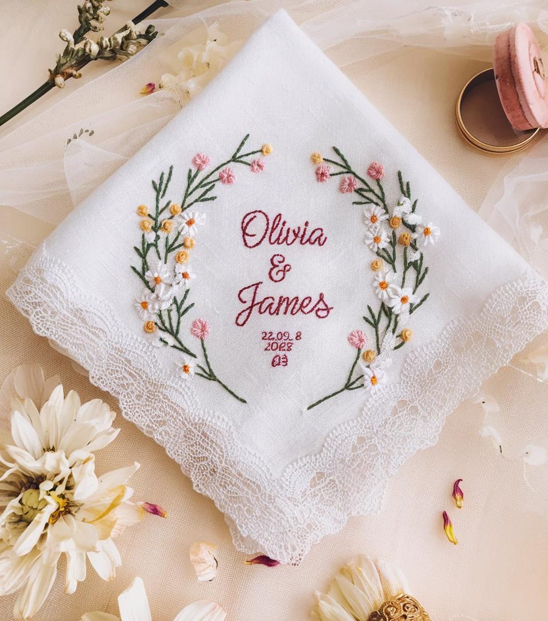 Embroidered Wedding Handkerchief – Custom Floral Hankie for Bride ...