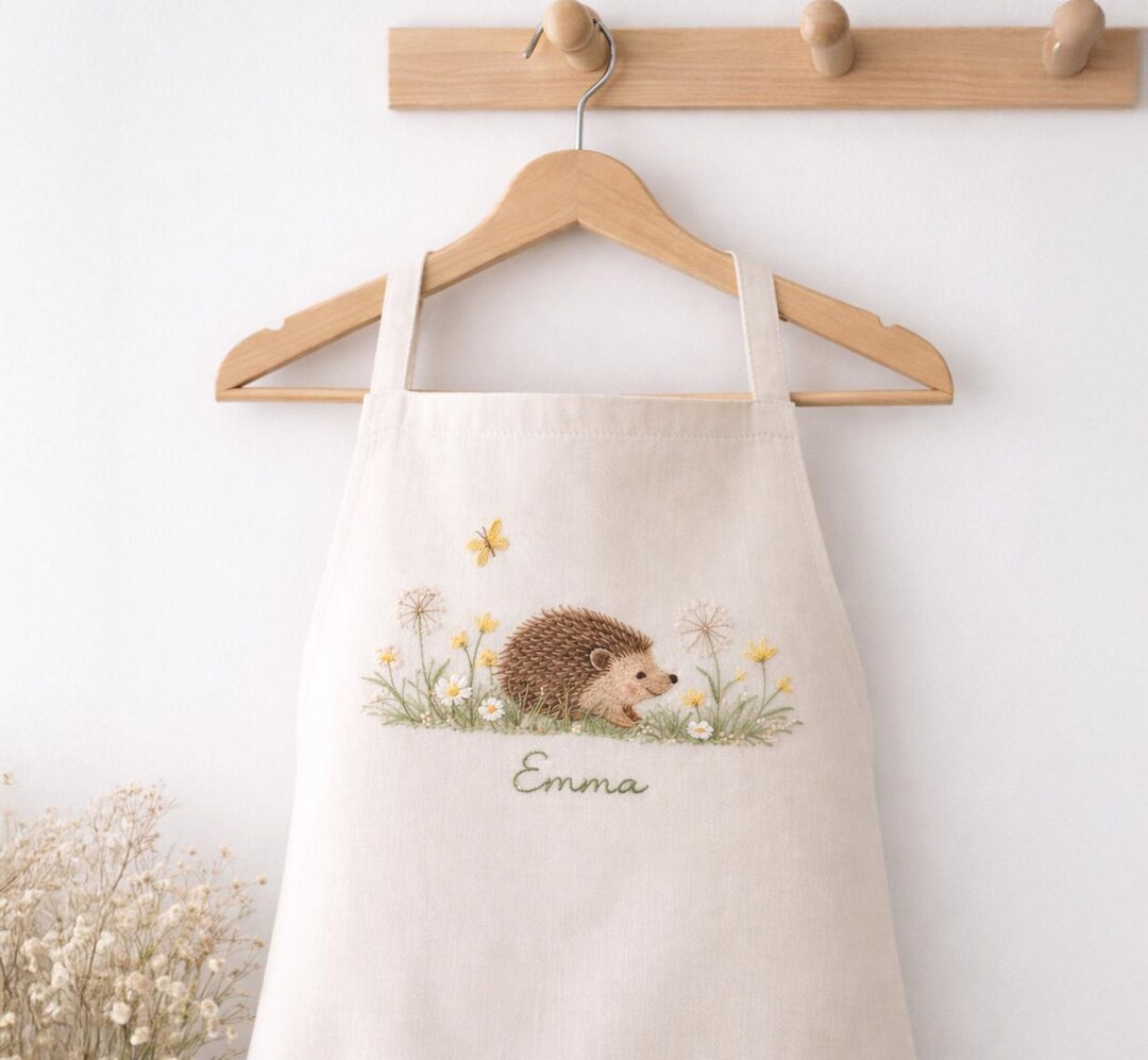 Personalized Hedgehog Linen Apron, Hand Embroidered Woodland Animal ...