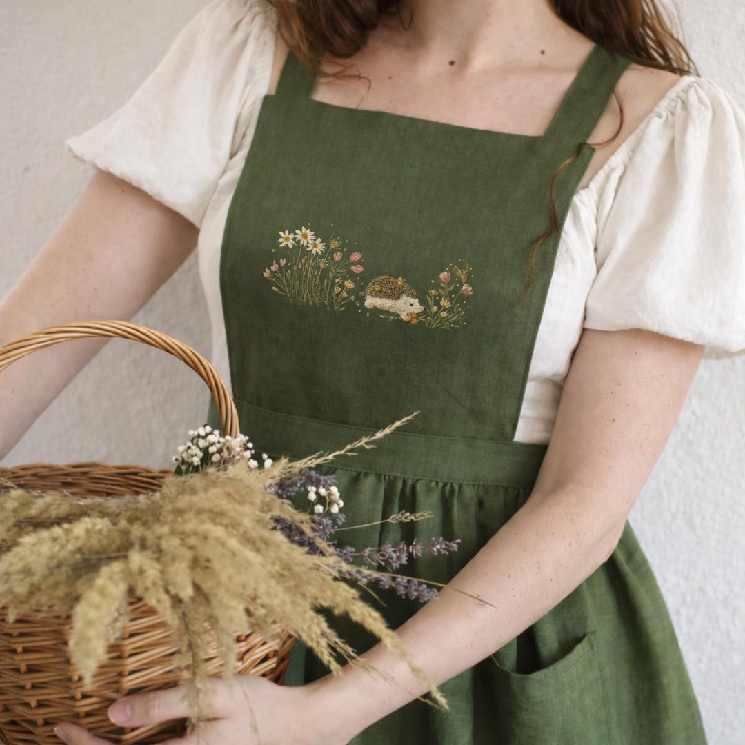 Hand Embroidered Hedgehog Linen Apron, Woodland Animal Cottagecore ...