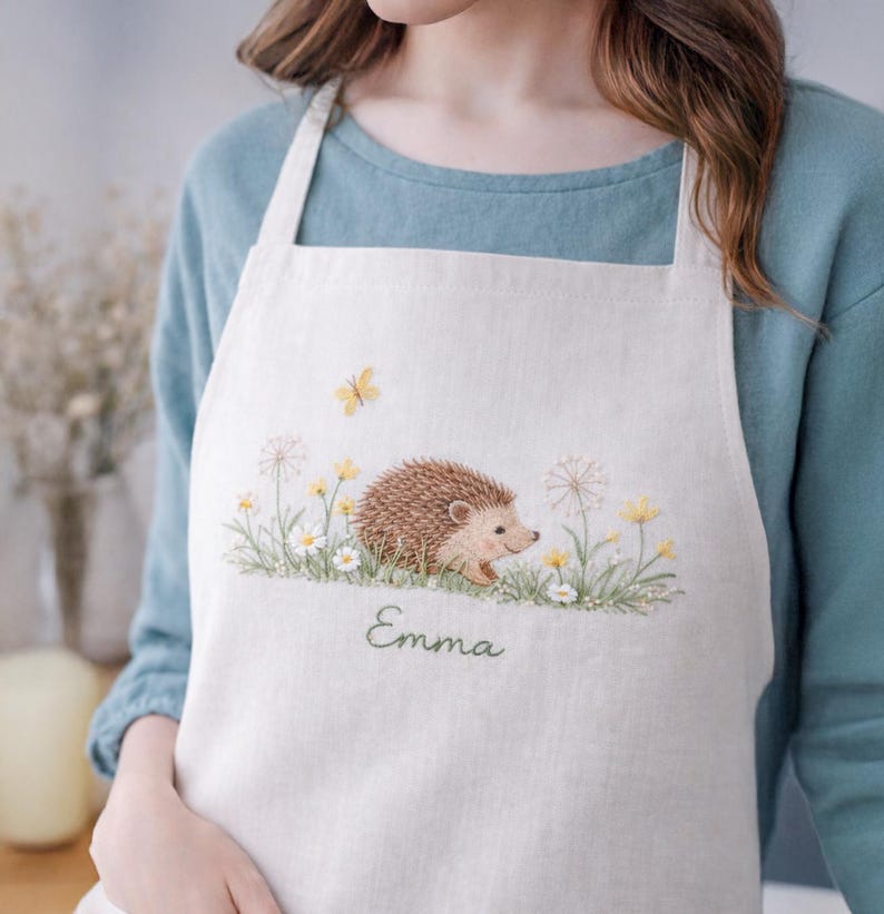 Personalized Hedgehog Linen Apron, Hand Embroidered Woodland Animal ...