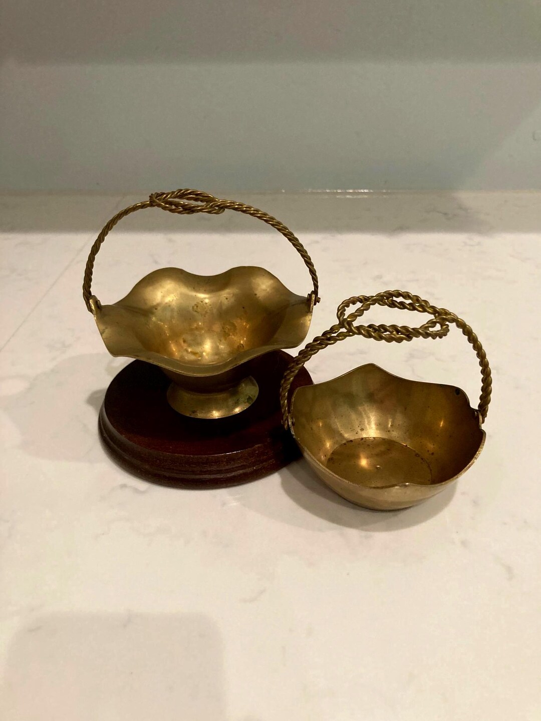 Vintage Brass Baskets, Pedestal Trinket Dish With Rope Handles, Set of ...