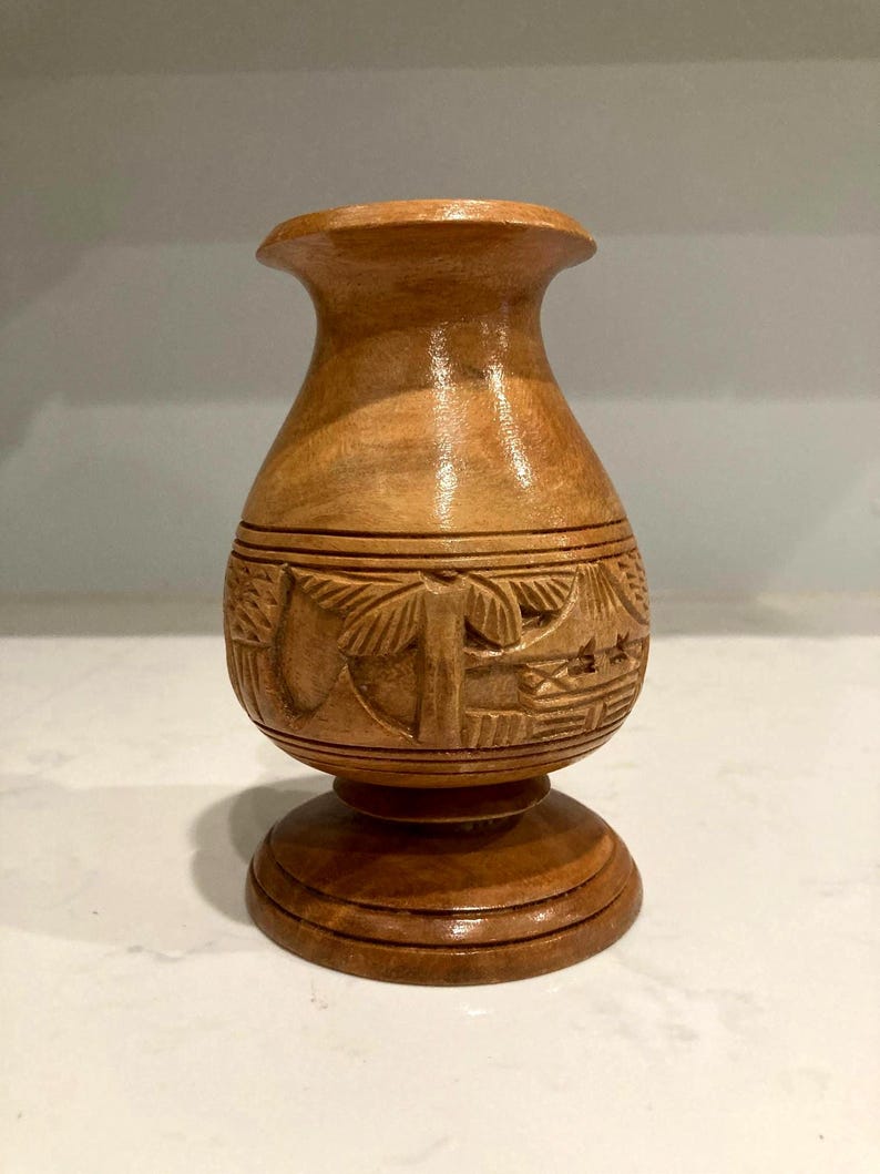 Vintage Monkey Pod Carved Wood Vase - Light Wood W/ Dark Streaks Wooden ...