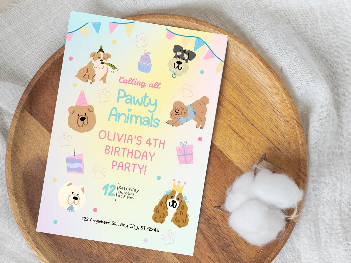 Editable Pet Birthday Invitation Canva Template - Dog Cat Party Invite ...