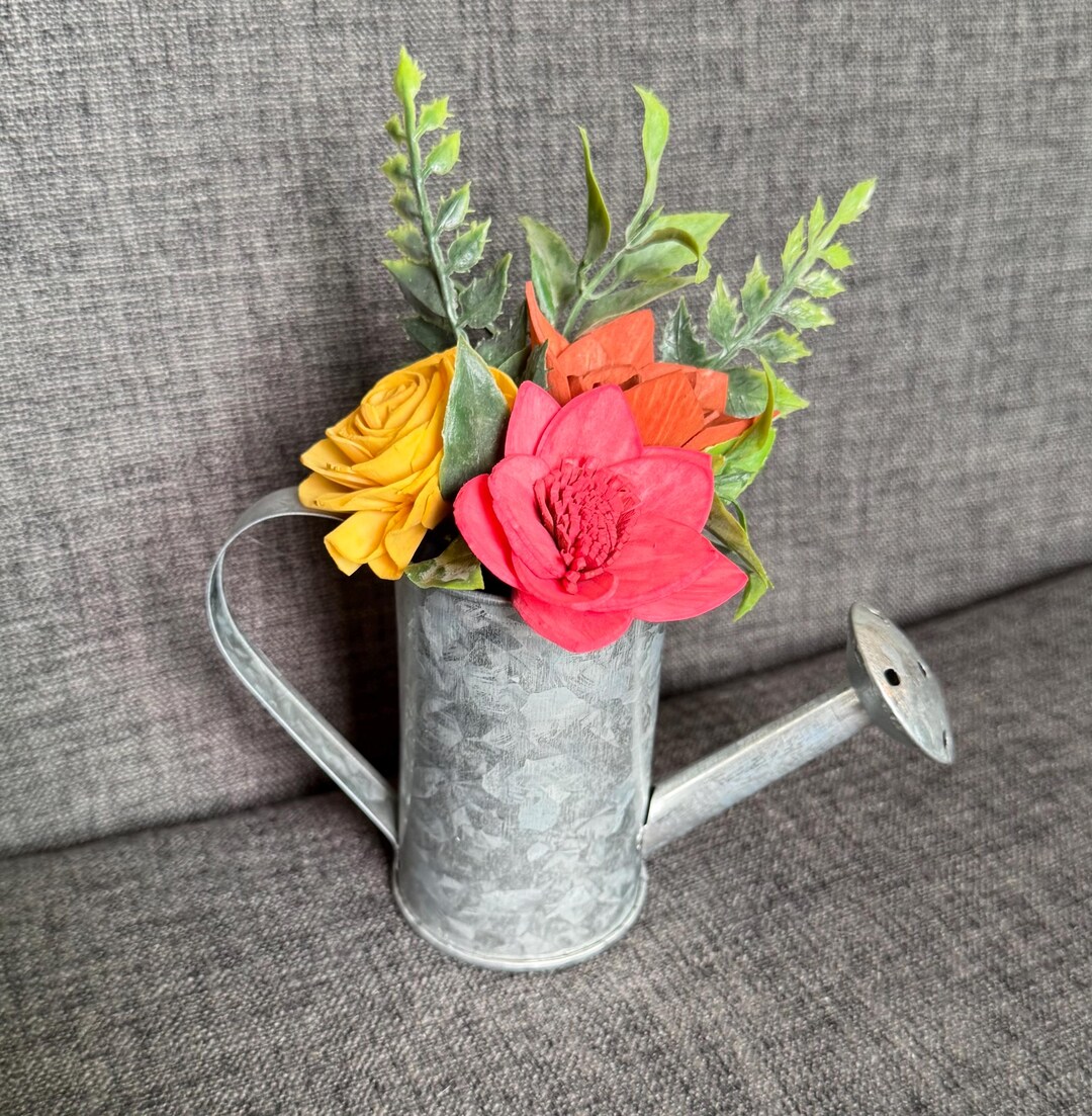 Mini Watering Can With Wood Flowers - Etsy