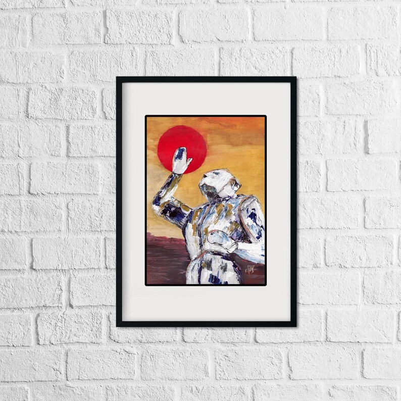 Sunward Sentinel – Robot Art Print – Blood‑red Sun Automaton Digital ...