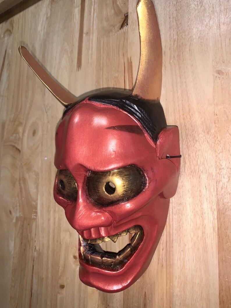 Vintage Aka Hannya 般若 Red Demon Mask Hand Carved Wood Signed Benkei ...