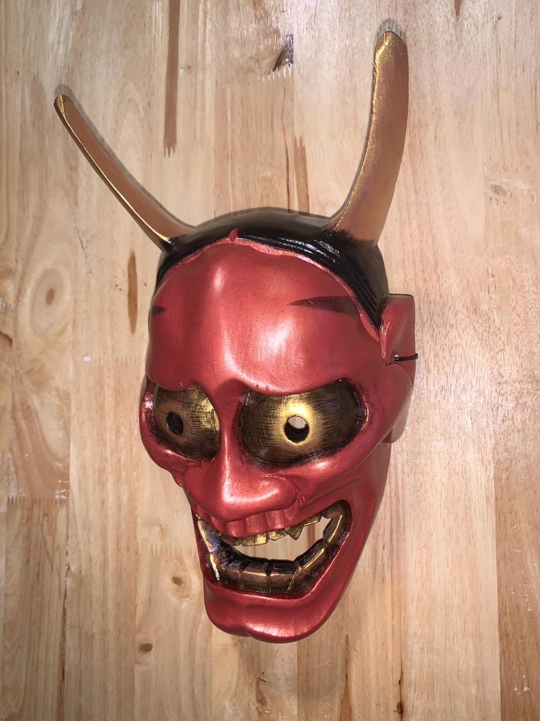 Vintage Aka Hannya 般若 Red Demon Mask Hand Carved Wood Signed Benkei ...