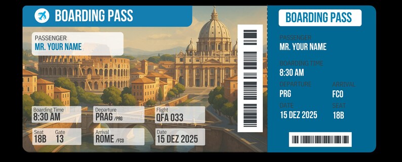 Editable Rome Boarding Pass | Canva Template | 4 Designs | Gift ...