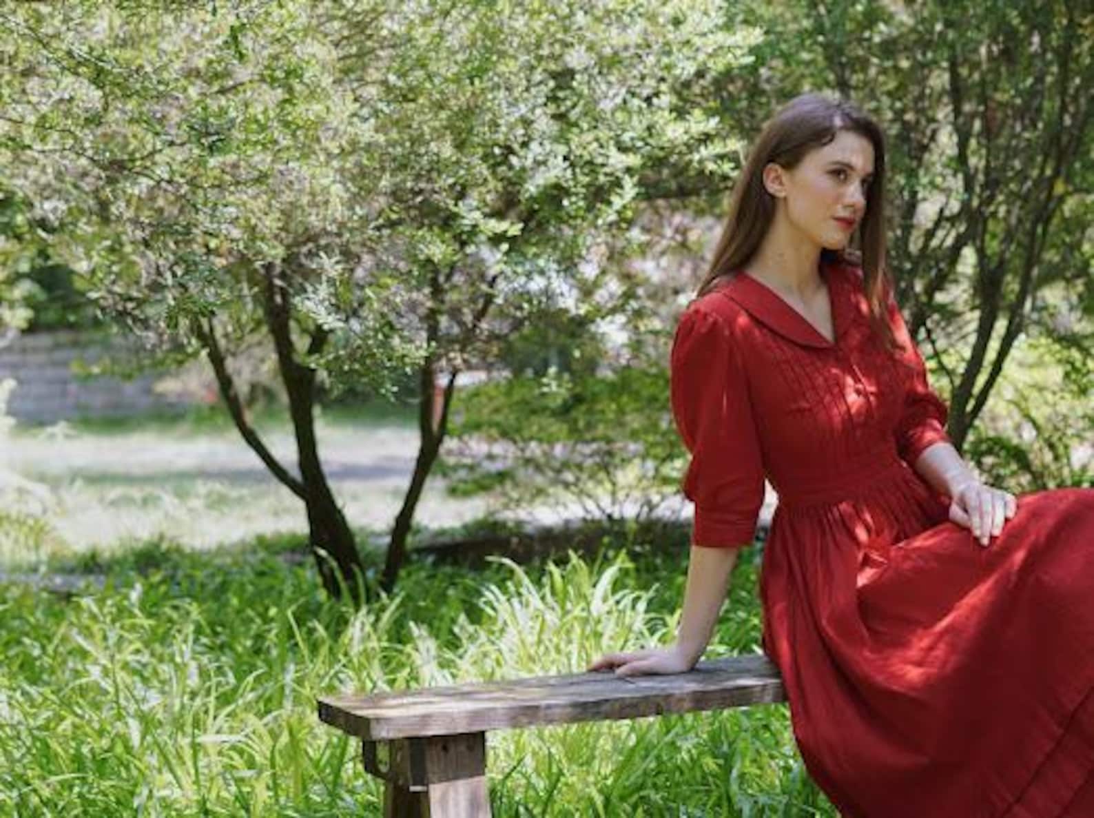 Odette Linen Dress – Vintage Red Shirt Dress | Modest Cottagecore Midi ...