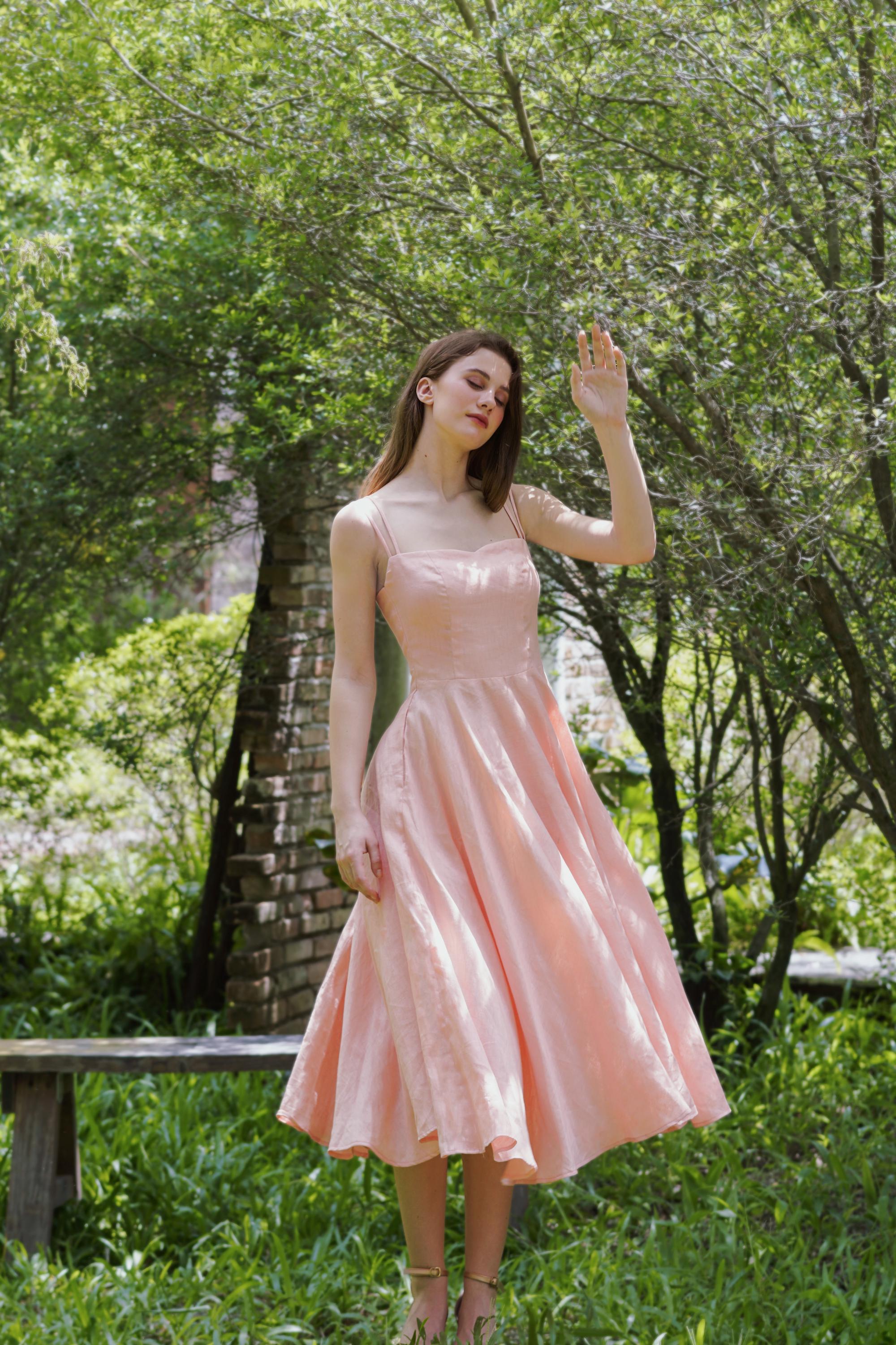 Eveline Linen Dress – Blush Pink Cottagecore Dress With Sweetheart ...