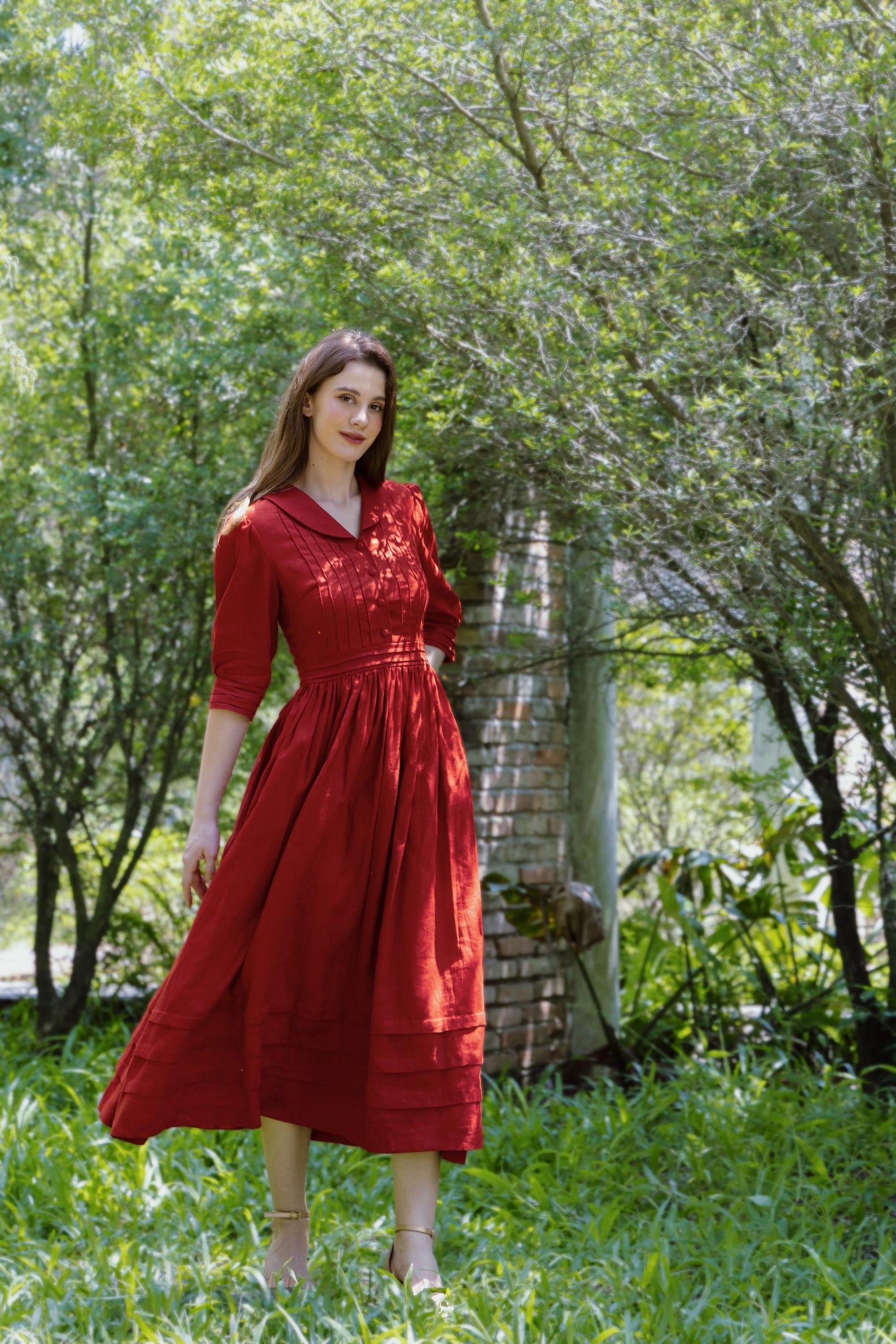 Odette Linen Dress – Vintage Red Shirt Dress | Modest Cottagecore Midi ...