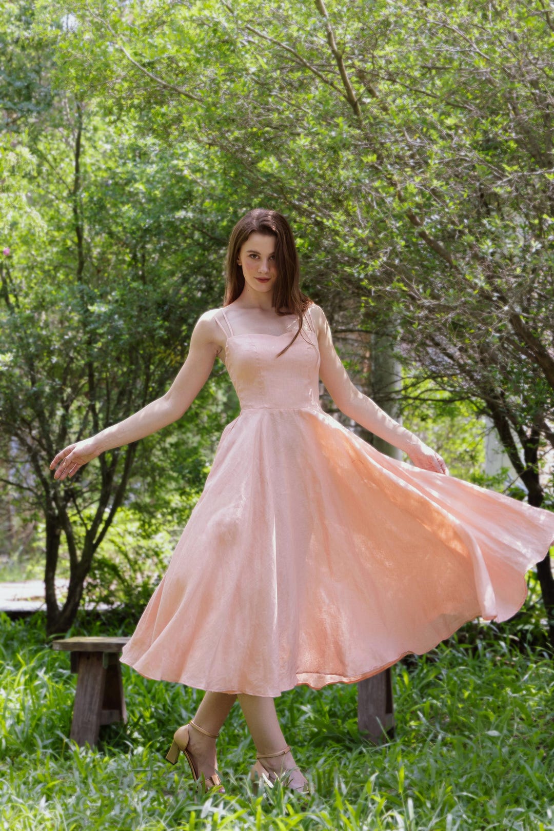 Eveline Linen Dress – Blush Pink Cottagecore Dress With Sweetheart ...