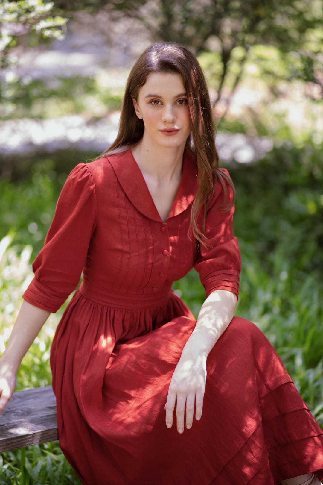 Odette Linen Dress – Vintage Red Shirt Dress | Modest Cottagecore Midi ...