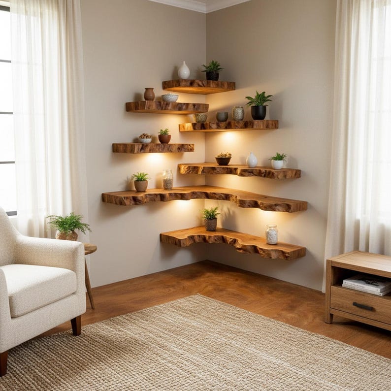 Live Edge Shelf Solid Wood Floating Corner Shelves Handcrafted Carved ...