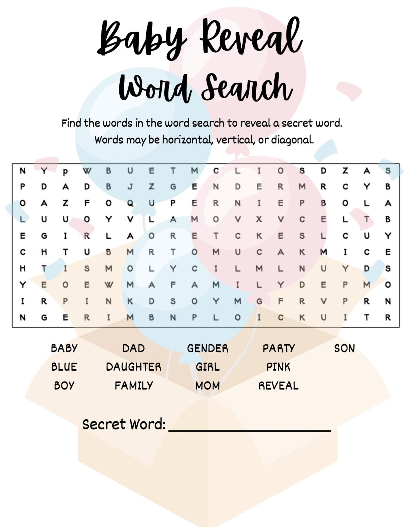 Baby Reveal Word Search - Boy (printable) - Etsy
