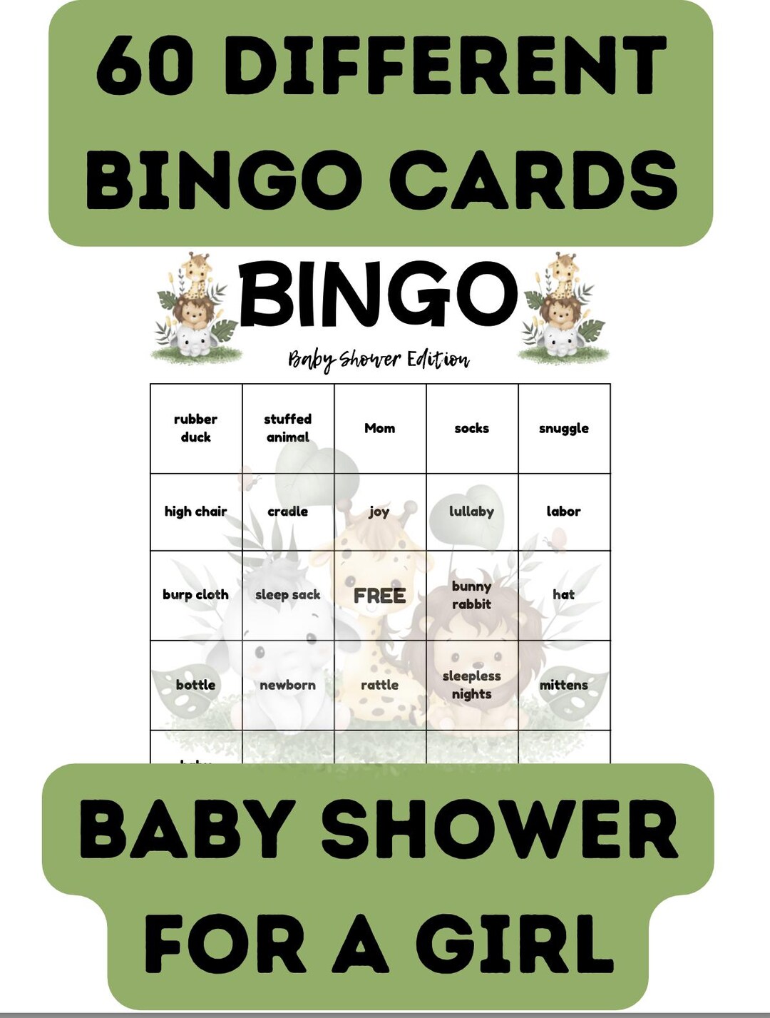 Baby Shower Bingo - Girl Animal (printables) 60 Different Cards - Etsy