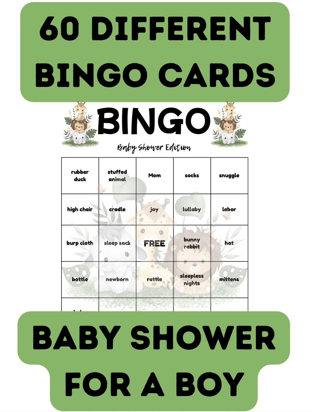 Baby Shower Bingo - Boy Animals (printables) 60 Different Cards - Etsy