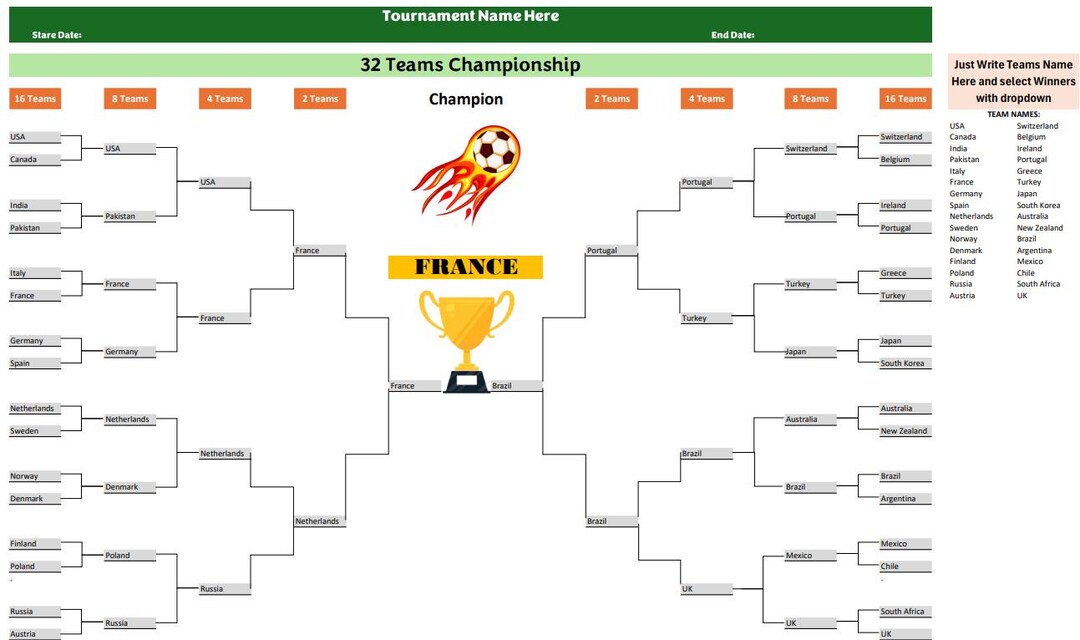 Tournament Bracket Spreadsheet - 32, 16, 8 Team Schedule - Etsy