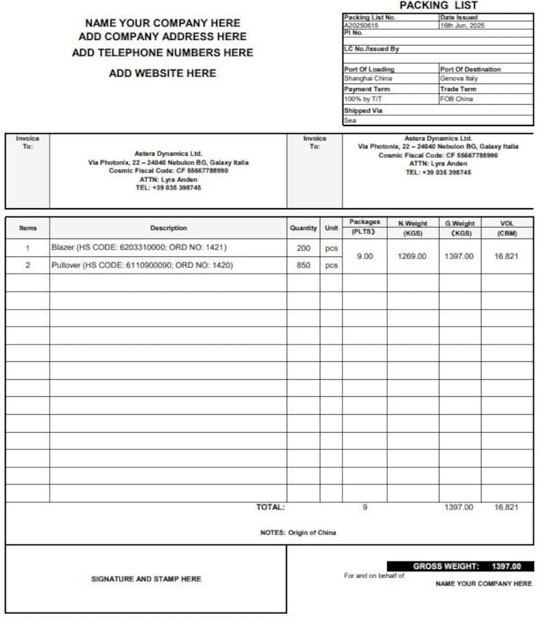 Export Invoice and Packing List Template | Excel Commercial Invoice for ...