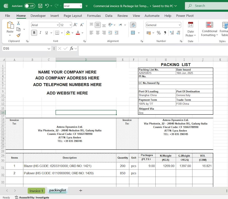Export Invoice and Packing List Template | Excel Commercial Invoice for ...