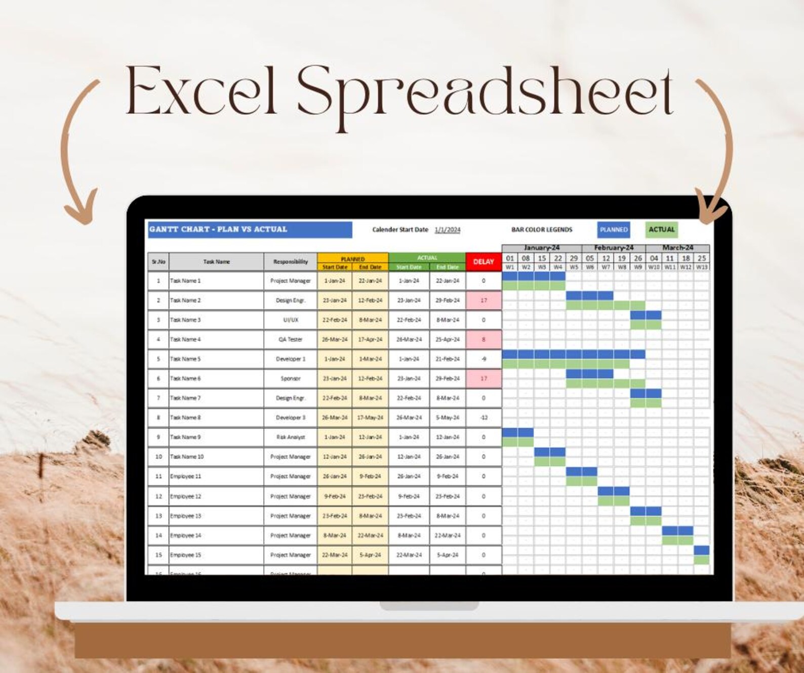 Dynamic Excel Plan Vs Actual Progress Gantt Chart Multicolor Display - Etsy