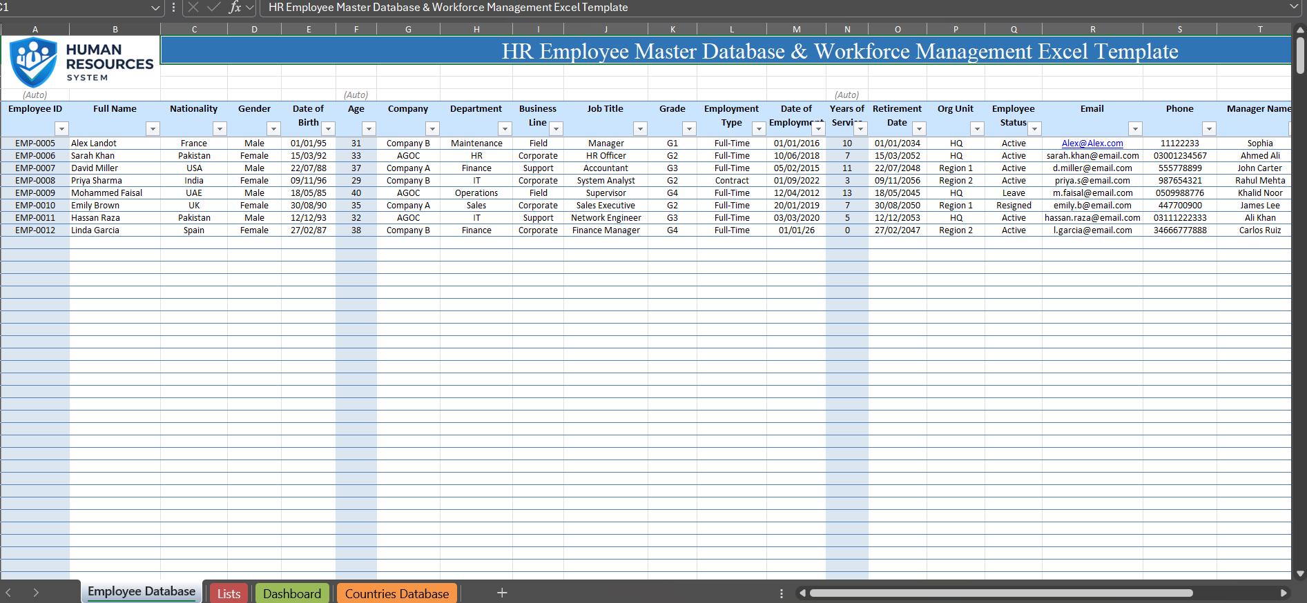 HR Employee Database Excel Template | Workforce Management Dashboard ...