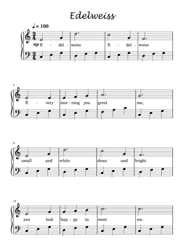BEGINNER Edelweiss | Easy Piano Sheet Music | Printable PDF | Kids ...