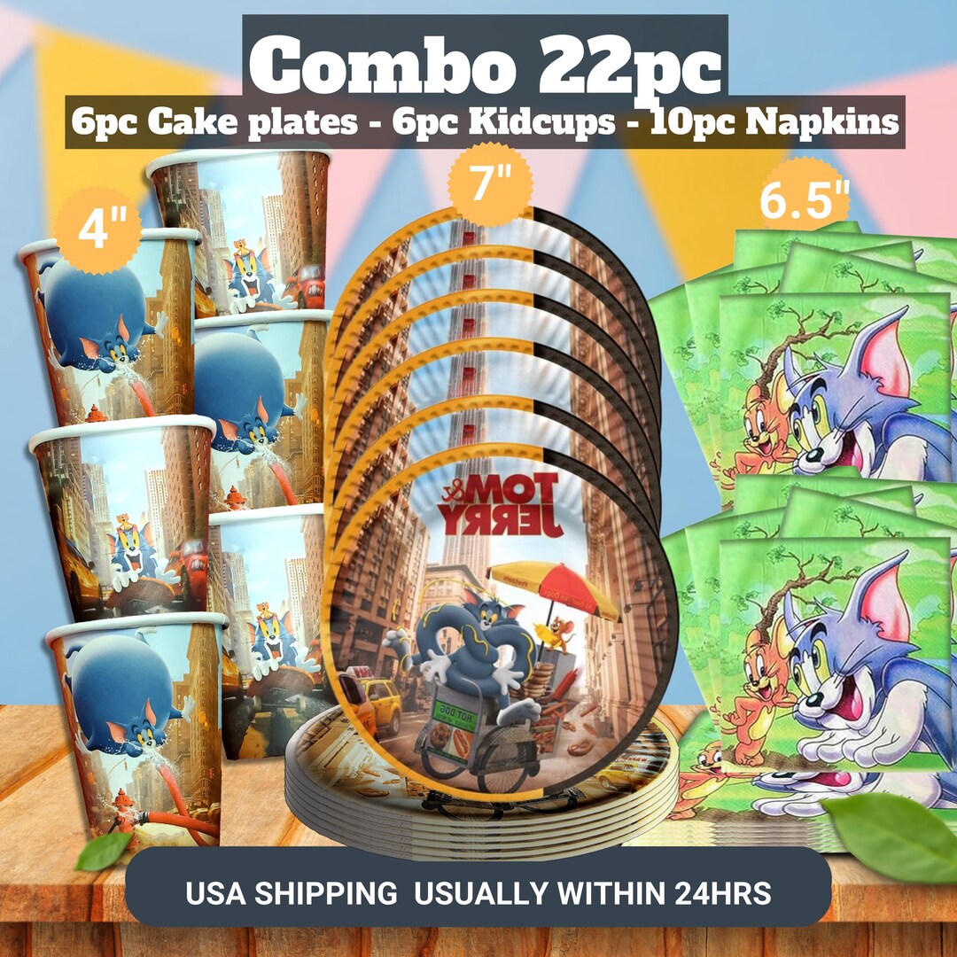 Happy Birthday Tom Jerry Tableware Plate Cup Cupcake Cake Topper ...