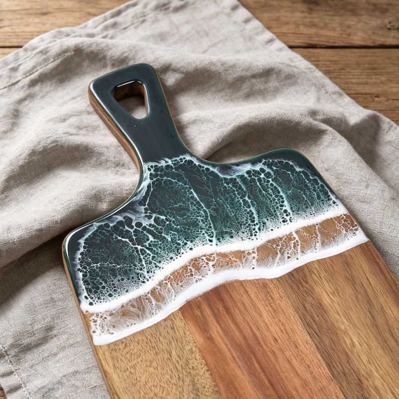 Personalized Wood Charcuterie Board With Ocean Resin, Serving Tray With ...