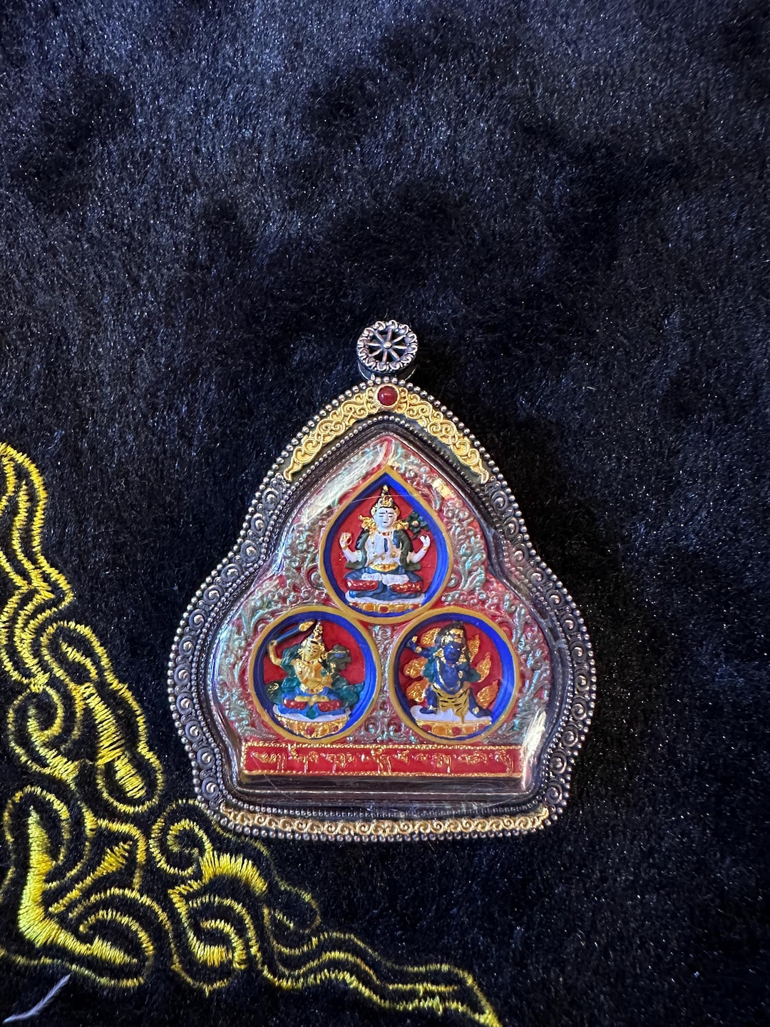 Triple-deity Stupa Amulet – Hand-painted 4.5 Cm Buddhist Pendant ...