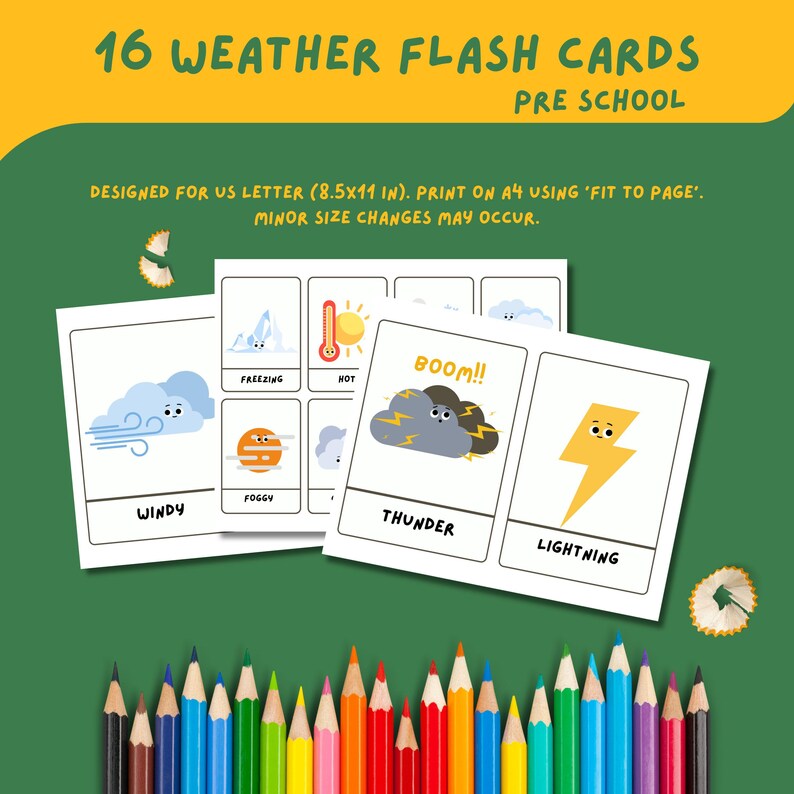 Weather Flashcards for Kids – Printable for Preschool & Kindergarten - Etsy