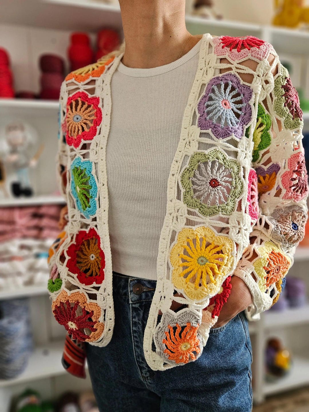 Handmade Colorful Crochet Cardigan With Floral Motifs, Boho Festival ...
