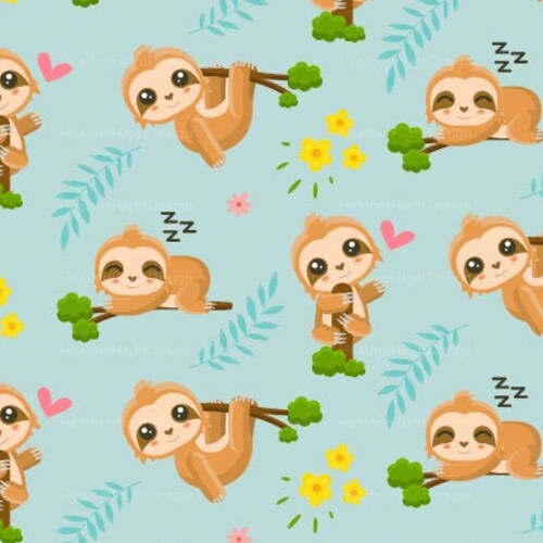 Lovable Sloth Fabric by the Yard / Cute Floral Animal Fabric / - Etsy