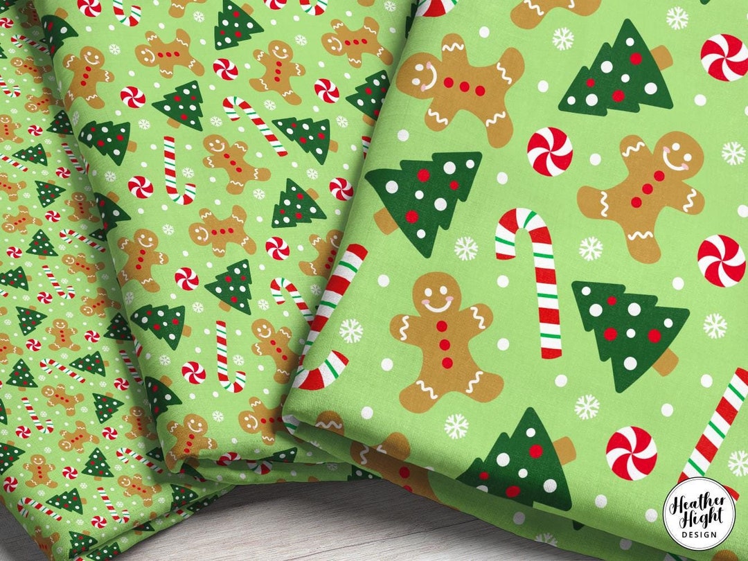 Christmas Gingerbread Fabric - Green / Christmas Holiday Fabric Print ...