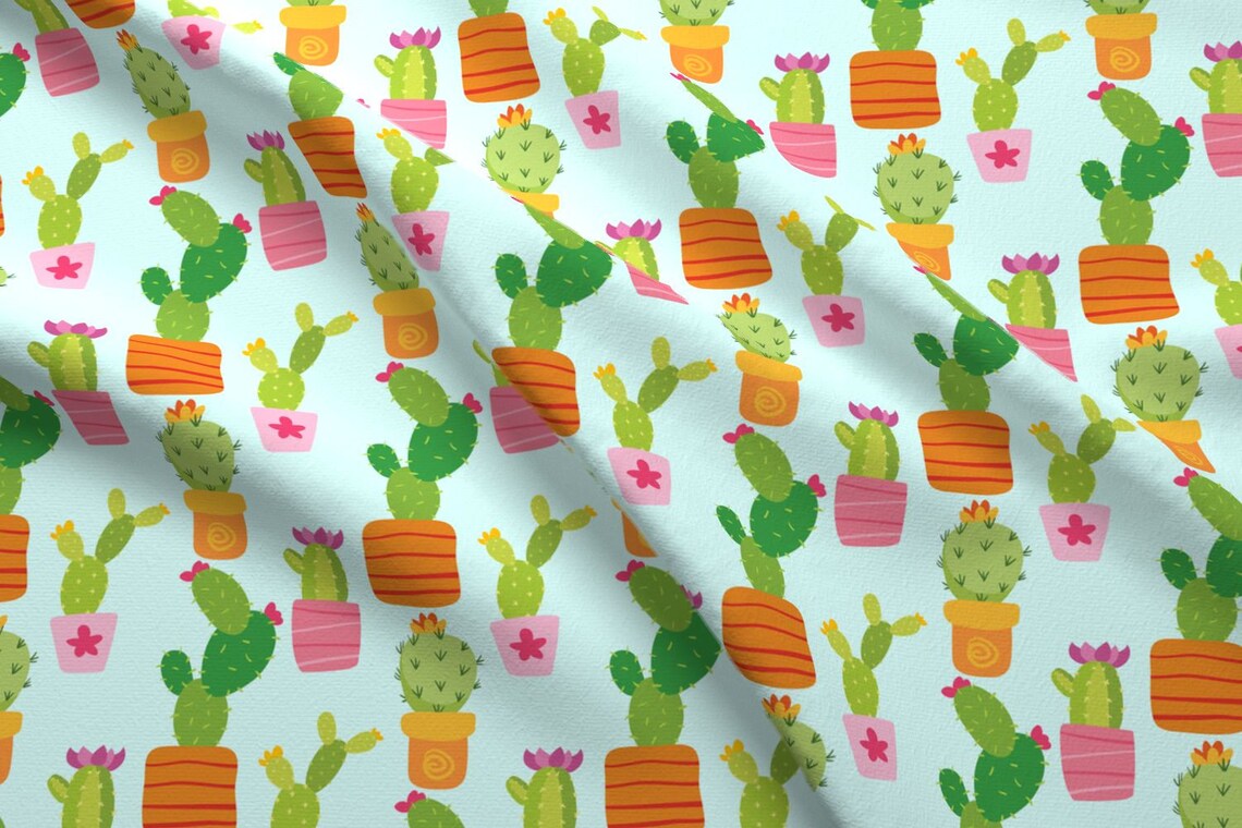 Cactus Fabric by the Yard - Colorful Potted Plant Cacti Whimsical Cute ...