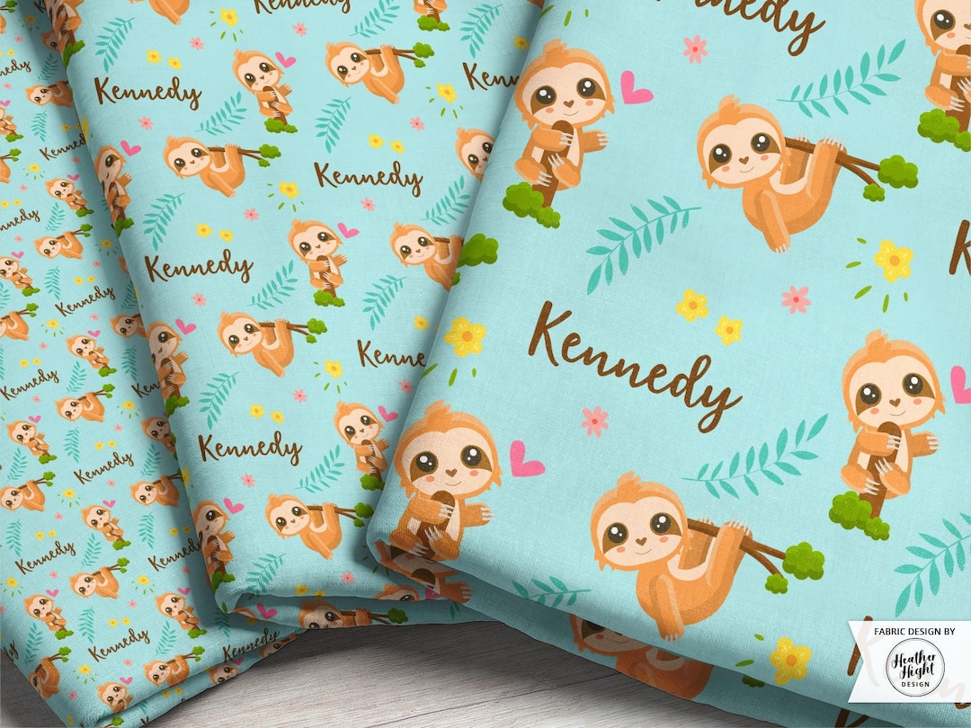 Personalized Sloth Fabric / Custom Name Fabric With Cute Lazy Sloths ...