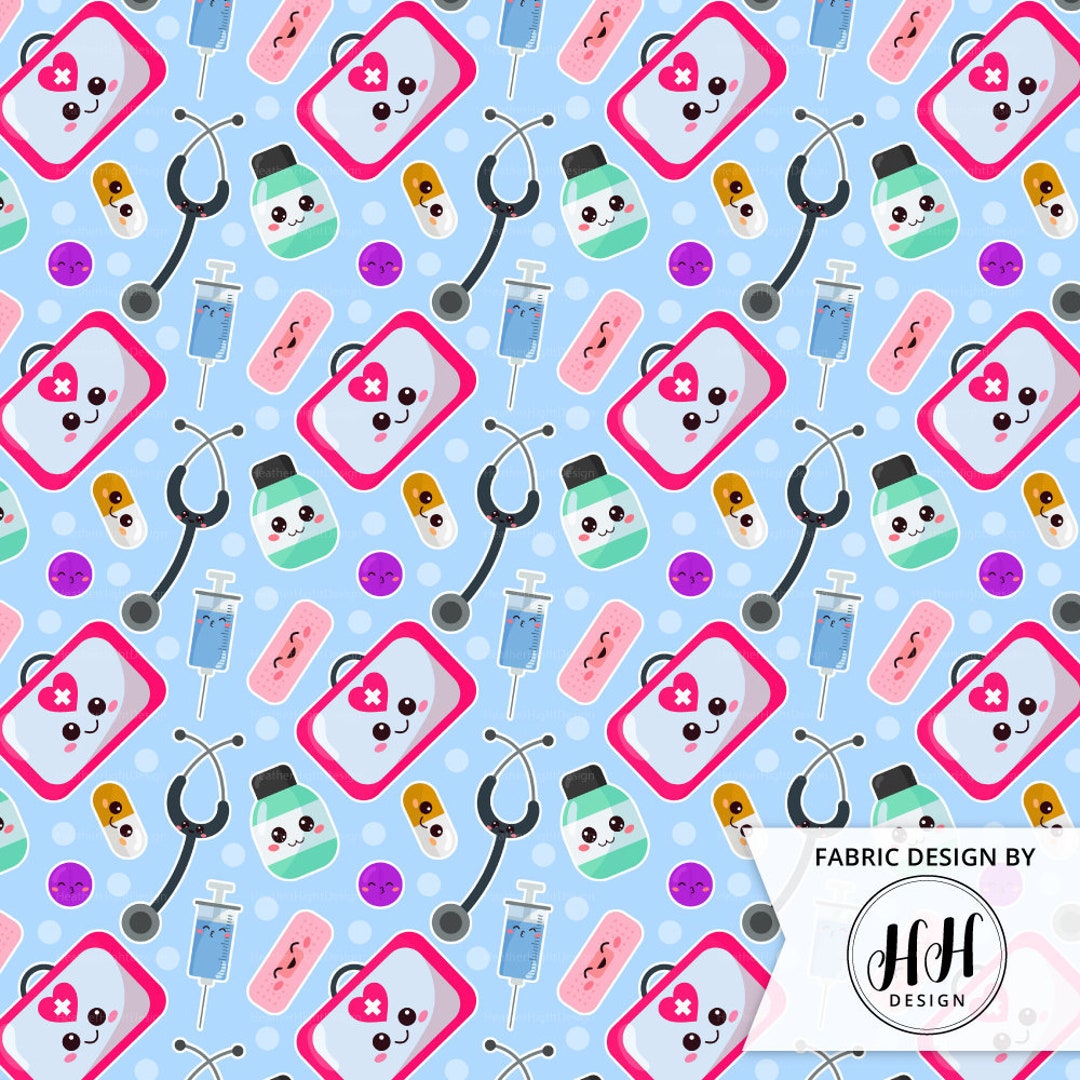 Kawaii Nurse Fabric by the Yard / Cute Medical Fabric / Cartoon Doctor ...