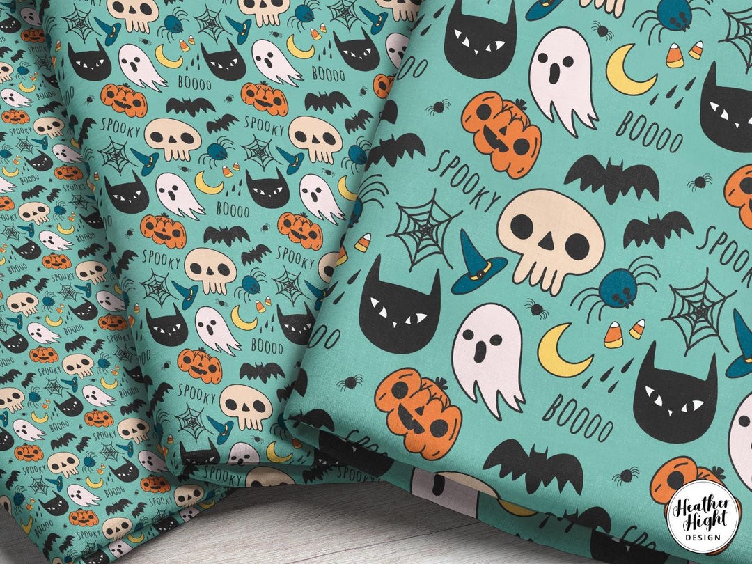 Spooky Cute Halloween Fabric - Teal / Kawaii Halloween Fabric / Ghosts ...
