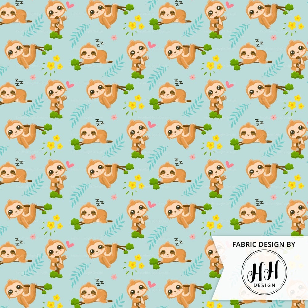 Lovable Sloth Fabric by the Yard / Cute Floral Animal Fabric / | Etsy