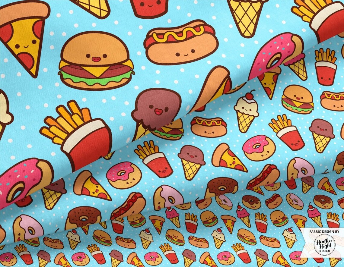 Fast Food Fabric by the Yard / Pizza Ice Cream Donut Burger - Etsy
