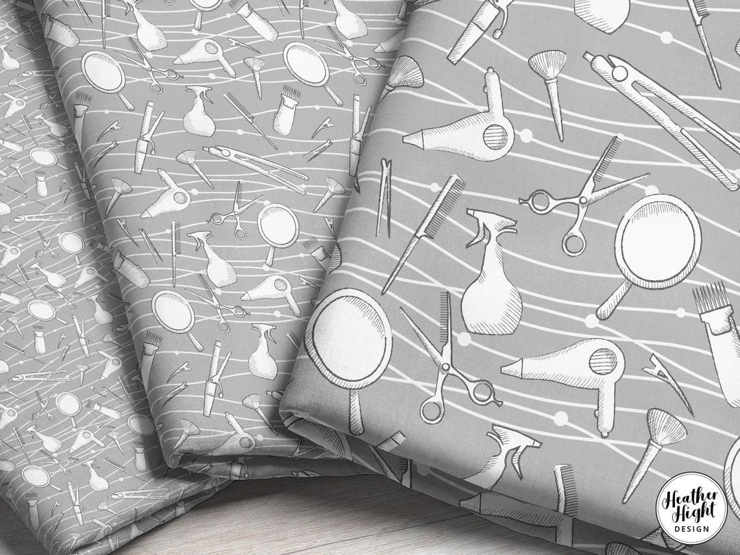 Hairdresser Fabric by the Yard - Gray | Retro Beauty Salon Fabric ...