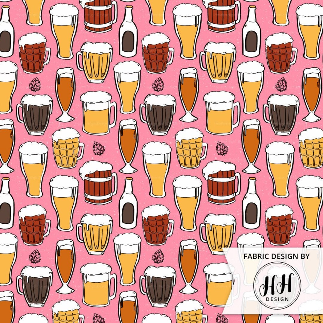 Beer Glass Fabric by the Yard Pink / Adult Gift Project / Hops Ale ...
