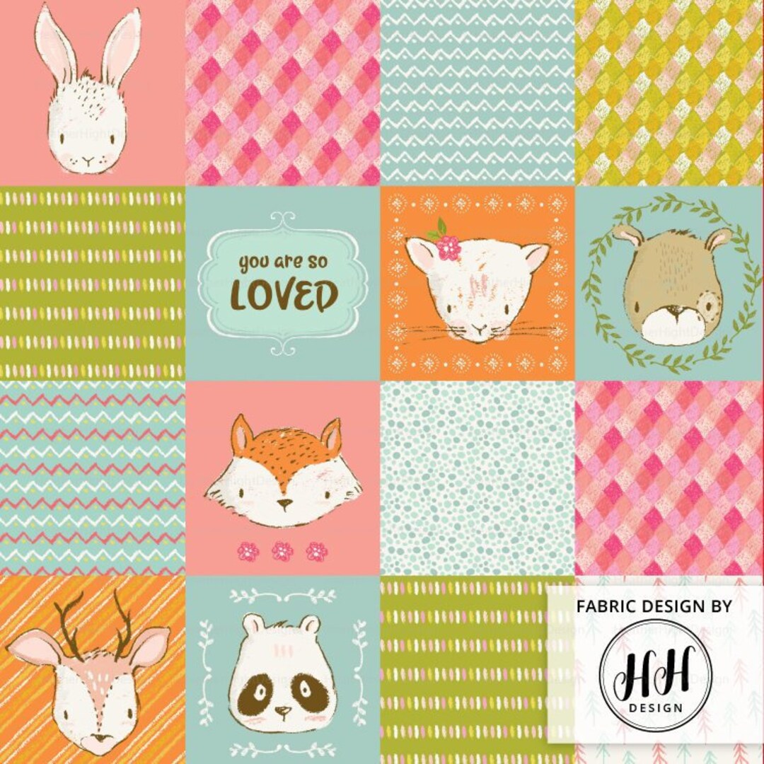 Woodland Animals Cheater Quilt Fabric by the Yard / Baby Girl Nursery ...