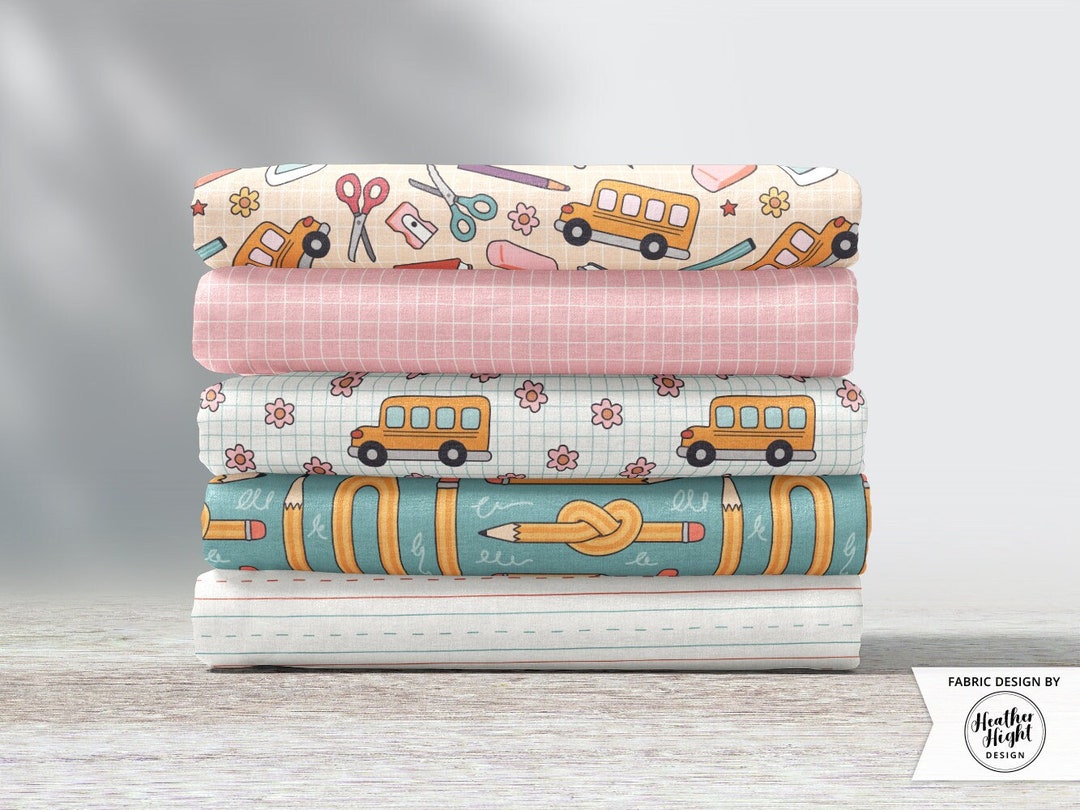 School Things Fabric Collection / Teacher Fabric / Pencils, Bus, Grid ...
