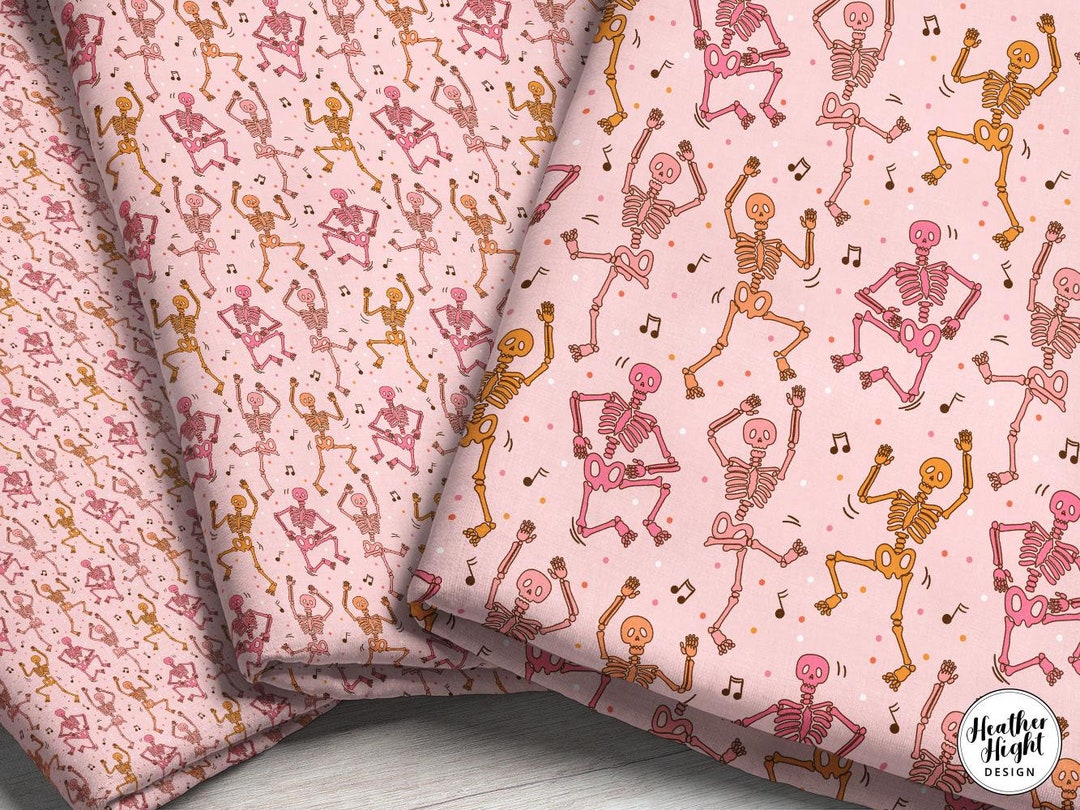 Pink Skeleton Party Fabric by the Yard - Retro Halloween Print, Dancing ...