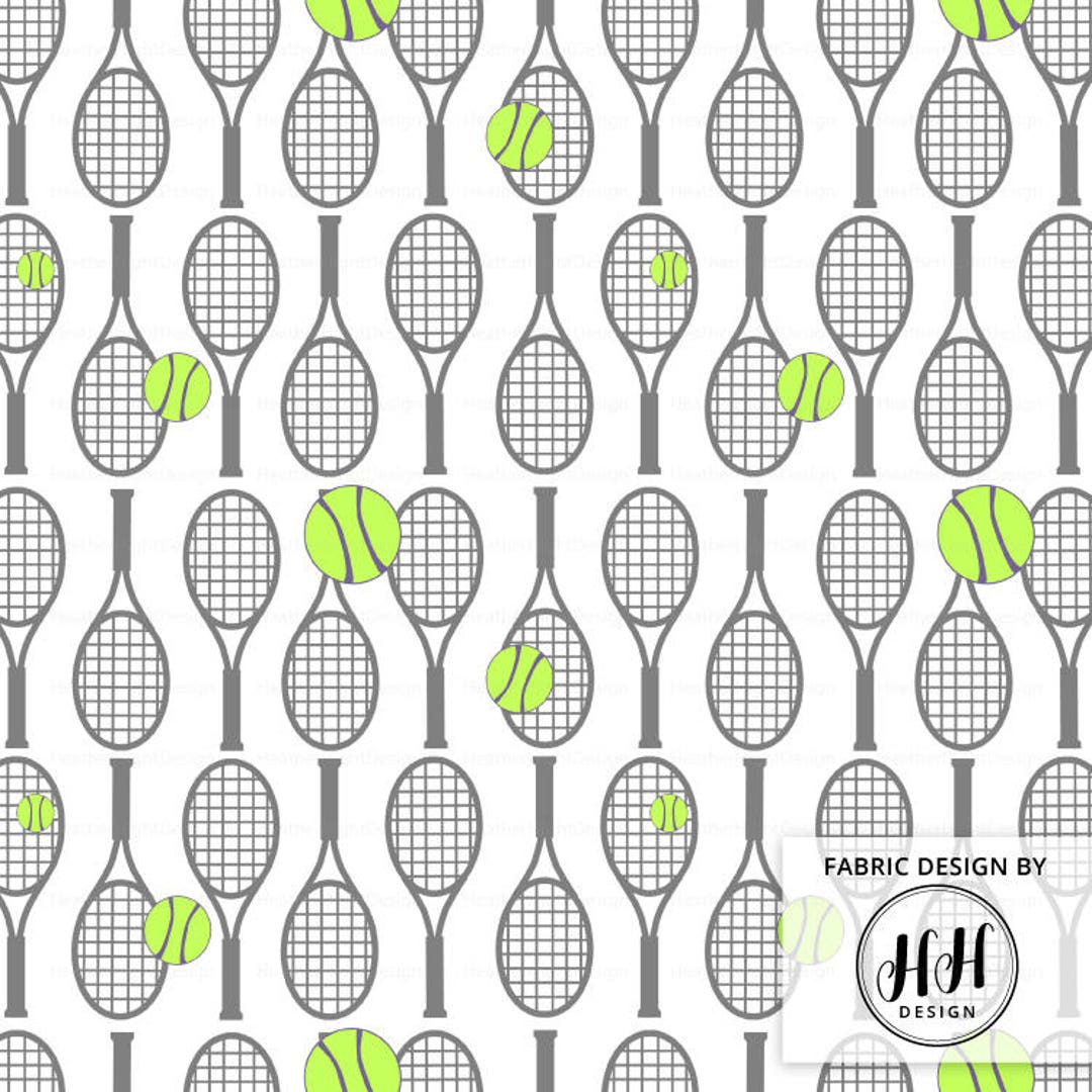 Tennis Racket Fabric by the Yard Sports Tennis Ball Gray on White Print ...