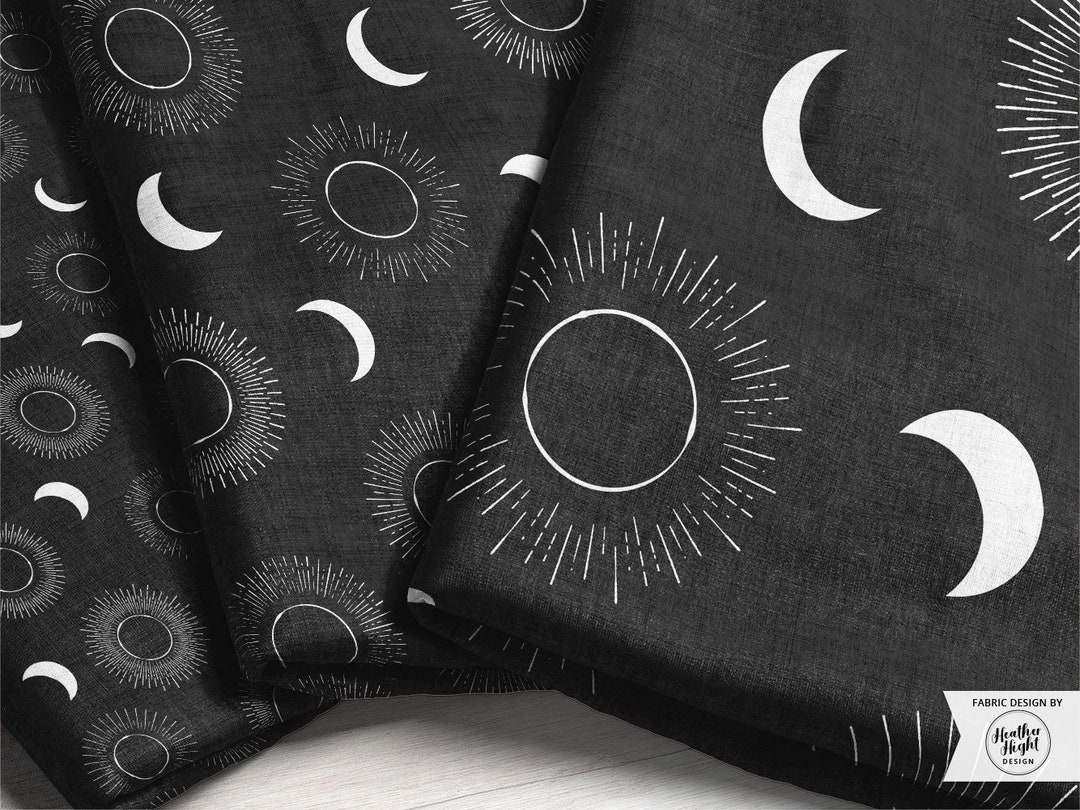 Solar Eclipse Fabric by the Yard - Faded Black and White / Moon Fabric ...
