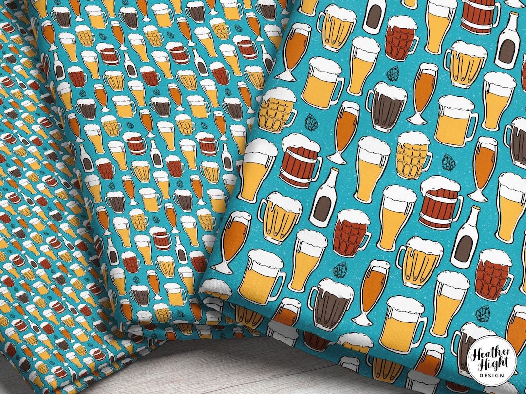 Beer Glass Fabric by the Yard - Blue / Adult Gift Project / Hops Ale ...